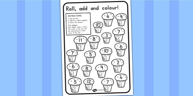 Cupcake Roll and Colour Dice Addition Activity