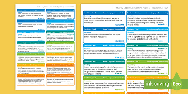 Australian Curriculum Korean F-2 Learning Outcomes Stickers