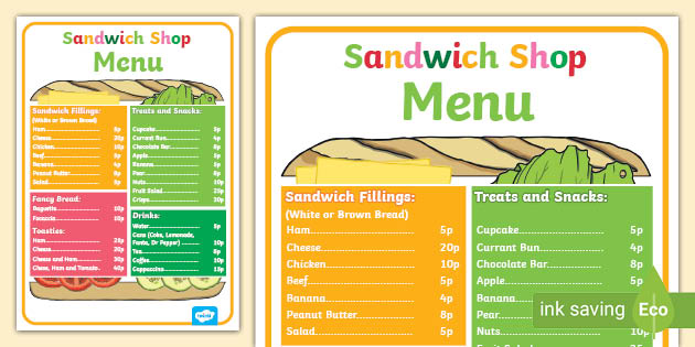 Sandwich Shop Role Play Menu