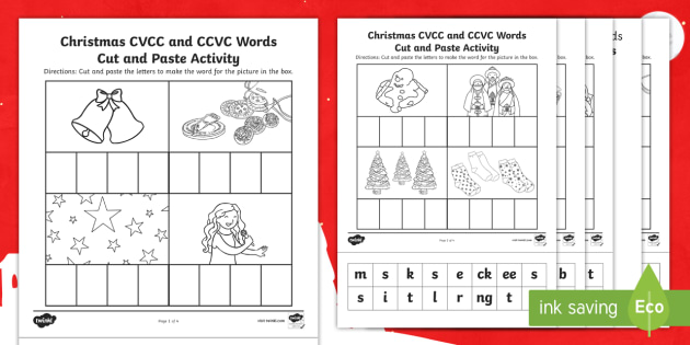 Christmas CVCC and CCVC Words Cut and Paste Activity