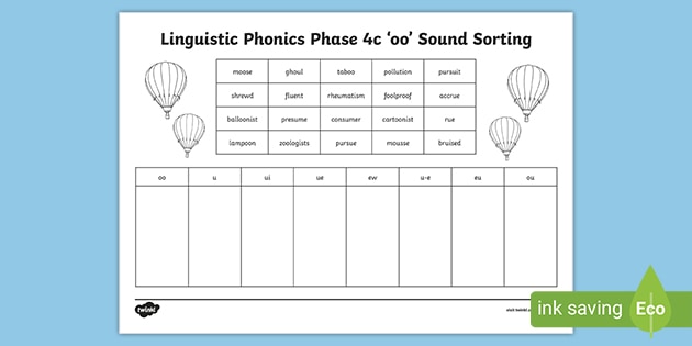 Linguistic Phonics Phase 4c 'oo' Sound Sorting Worksheet