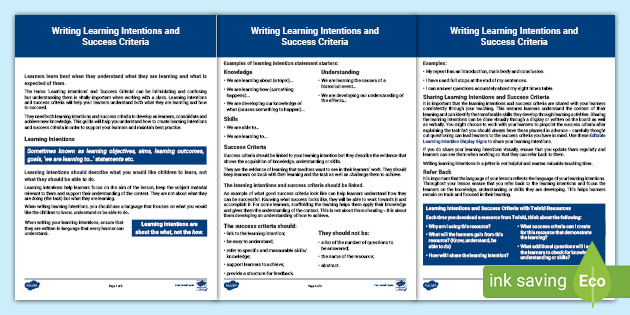 Writing Learning Intentions And Success Criteria Examples