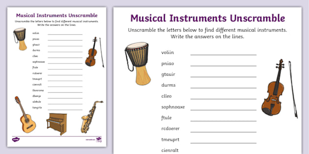 Percussion Worksheets Music Instrument Families