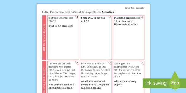 Foundation: Ratio, Proportion and Rates of Change (Calculator) Activity Mat