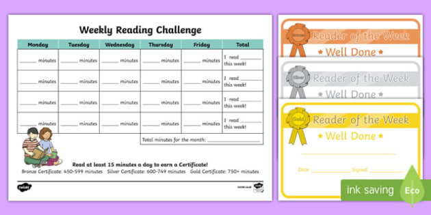 Reading Challenge Weekly Calendar (teacher made)