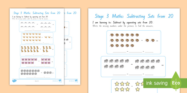 New Zealand Maths Stage 2 Subtracting Sets From 20 Worksheet