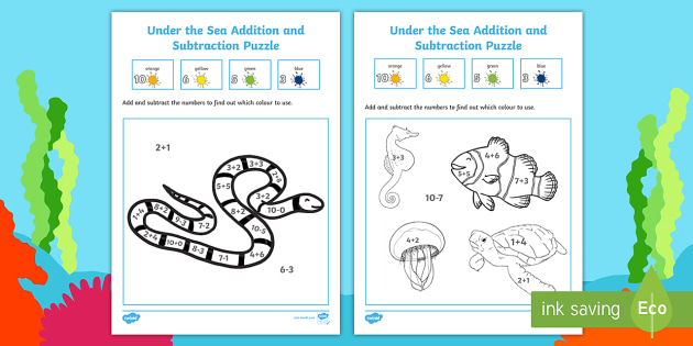 Under the Sea Themed Addition and Subtraction Puzzle 0-10