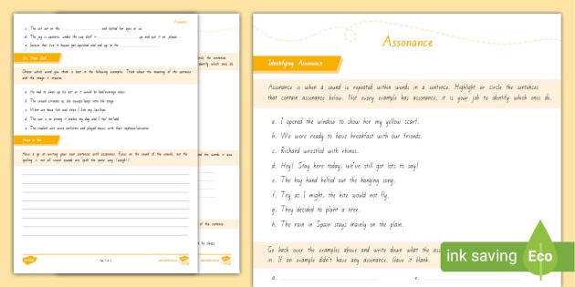 Level 3 Writing - Assonance Worksheet (teacher made)