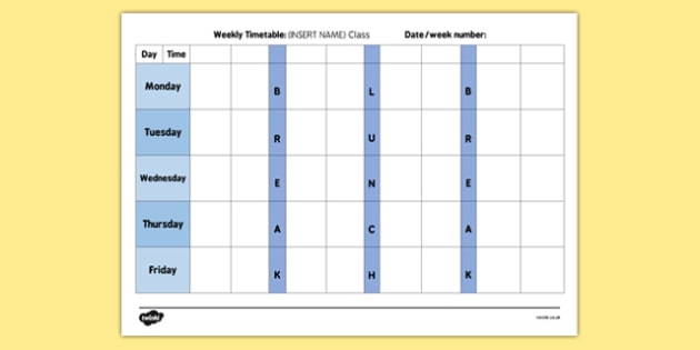 Reception Weekly Timetable With PM Break