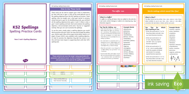 KS2 (Years 3 and 4) Spelling Practice Challenge Cards