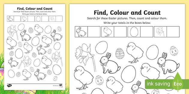 👉 Easter Find, Colour and Count Worksheet (teacher made)