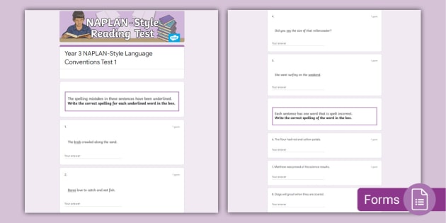 Year 3 NAPLAN-Style Language Conventions Test 1 Google Form