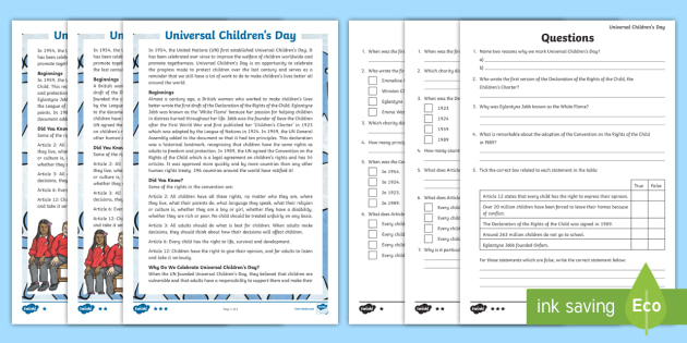 KS2 Universal Children's Day Differentiated Reading Comprehension Activity
