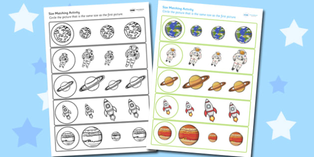 Space Themed Size Matching Worksheet