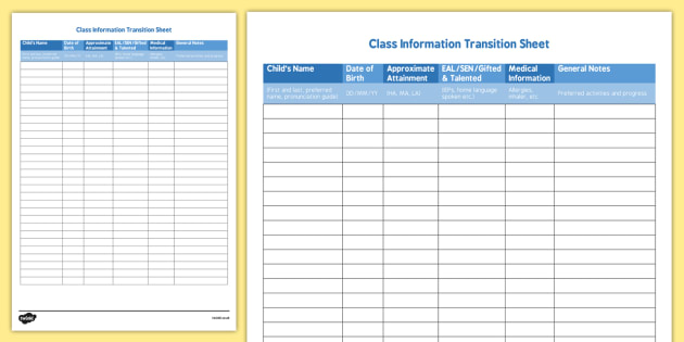 Class Information Transition Sheet - class, information, transition