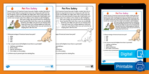 Pet Fire Safety Reading Passage Comprehension Activity