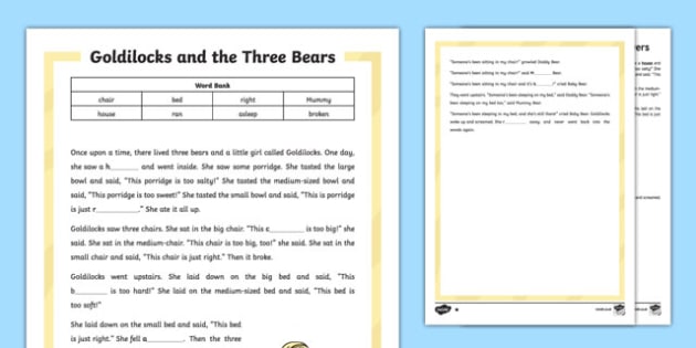 Goldilocks and the Three Bears Traditional Tale Cloze Procedure