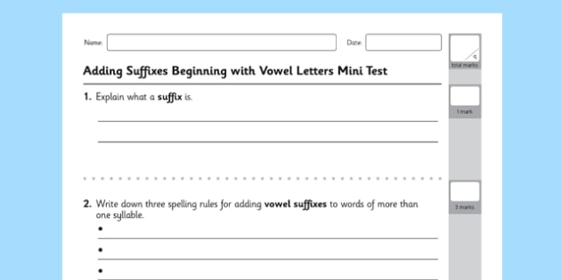 Adding Suffixes Beginning with Vowels Mini Test