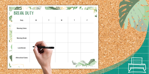 Break Duty Rota | Staffroom Noticeboard | Classroom Display | Tropical