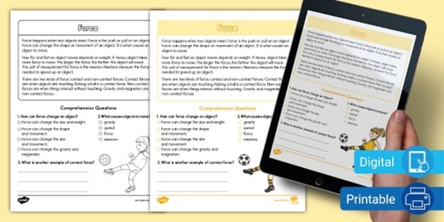 Second Grade Force Reading Passage Comprehension Activity