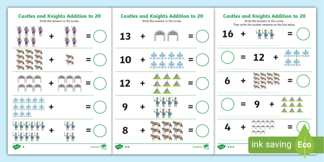Castles and Knights Addition to 20 Differentiated Worksheets