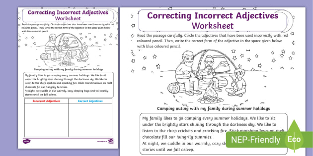 Correcting Incorrect Adjectives Worksheet (teacher made)