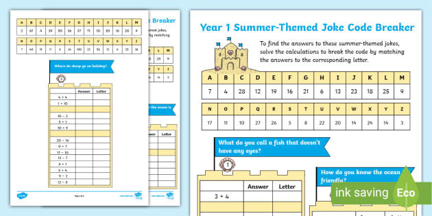 👉 Year 1 Summer-Themed Joke Code Breaker Activity Sheet