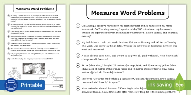 Measurement Word Problems | Worksheet | South Africa