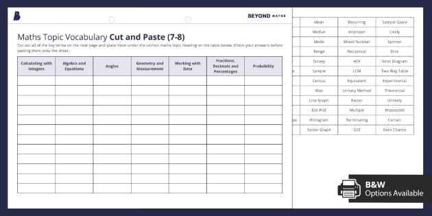 Maths Topic Vocabulary - Cut and Paste Activity (7-8)