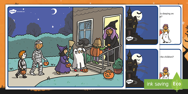 Halloween Scene and Question Cards (teacher made)