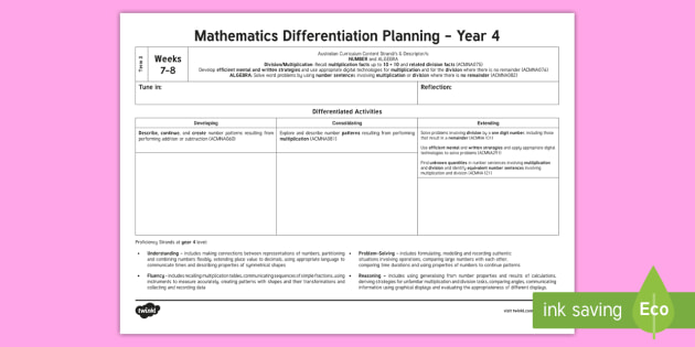 Year 4 Division/Multiplication Mathematics Differentiated Plan