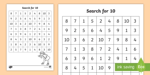 Number Recognition Search for 10 Worksheet (teacher made)