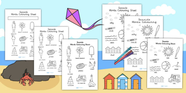 Seaside Themed Differentiated Word Colouring Worksheet - colour