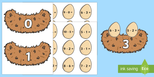 Eggs and Nest Themed Subtraction From 10 Activity