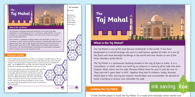 Reading Comprehension Homework Week 16 Taj Mahal 3rd/4th Class
