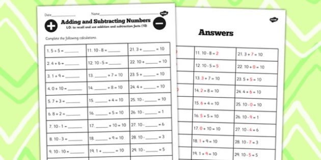 Basic Facts To 10 Worksheet Basic Addition Facts Primary