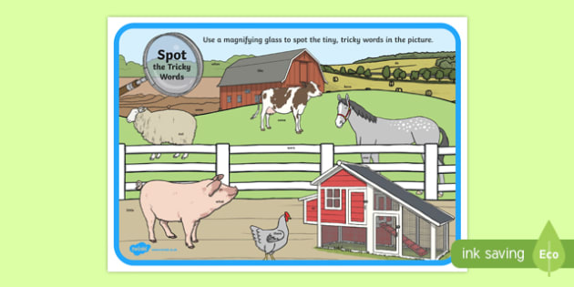 Phase 4 Tricky Words Farm Scene Magnifying Glass Worksheet / Worksheet