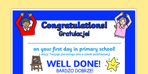 First Day Award Certificates Primary School Polish Translation