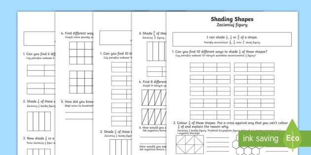 Shade 1/2, 1/4 or 2/4 of a Shape Differentiated Worksheet / Worksheets
