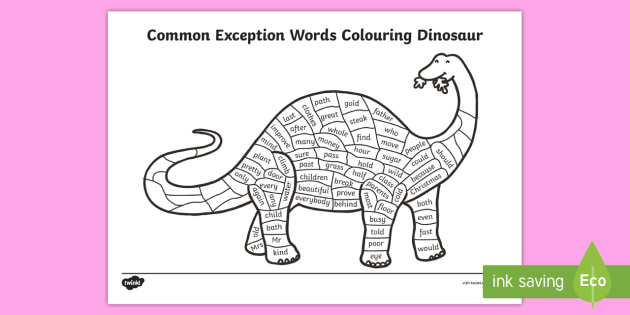 Common Exception Words Colouring Dinosaur Worksheet