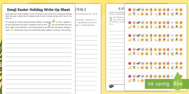 😊 Emoji Easter Holiday Write-Up Worksheet English/Mandarin Chinese