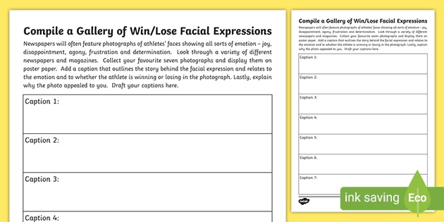 Compile a Gallery of Win/Lose Facial Expressions Worksheet
