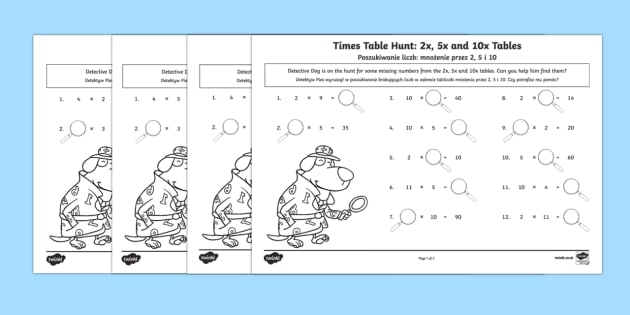 Times Tables Missing Numbers Worksheet / Worksheet English/Polish
