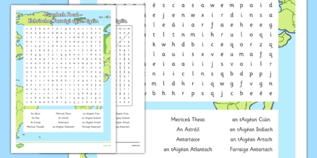 Irish Gaeilge Ilchríocha Farraigí agus Aigéin Word Search
