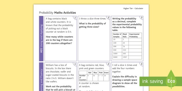 Higher: Probability (Calculator) Activity Mat - using applying, reasoning