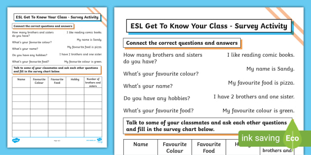 ESL Get To Know Your Class - Survey Activity (teacher made)