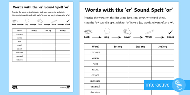 Year 2 Spelling Practice /er/ Sound Spelt 'or' Worksheet