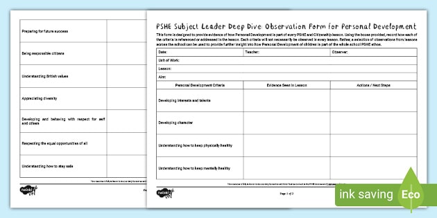 PSHE Subject Leader Deep Dive: Observation Form for Personal Development