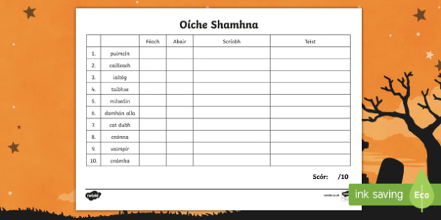 Oíche Shamhna Spelling List Worksheet / Worksheets Gaeilge