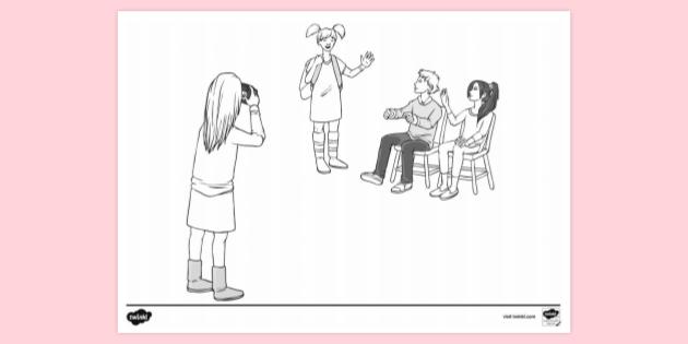 Child Taking a Photo of Three Children Colouring Sheet